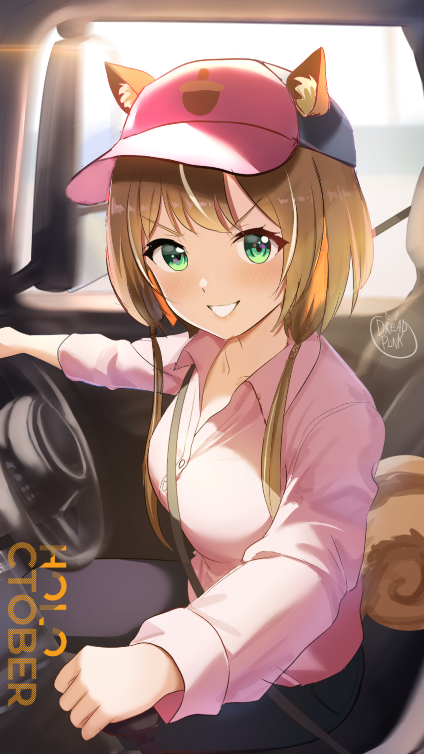 Safebooru - 1girl animal ears ayunda risu baseball cap black hat black pants breasts brown hair ...