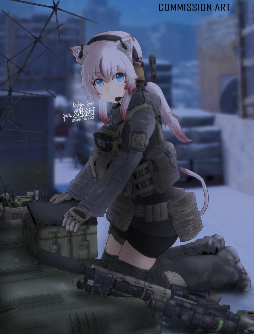 Safebooru - 1girl absurdres ammunition pouch animal ears ar-15 blue eyes gloves gun headphones ...