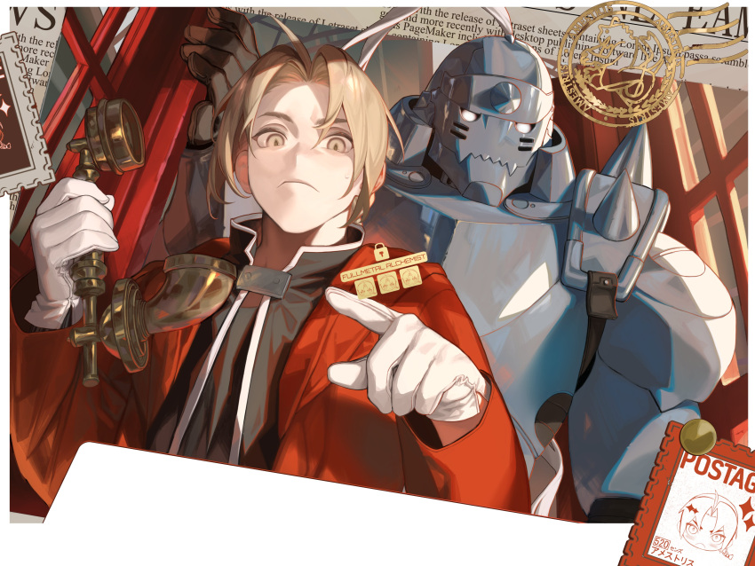 Safebooru - 2boys absurdres alphonse elric antique phone armor black shirt blonde hair border ...