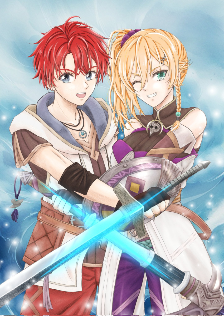 Safebooru - 1boy 1girl adol christin axe bare shoulders black gloves ...