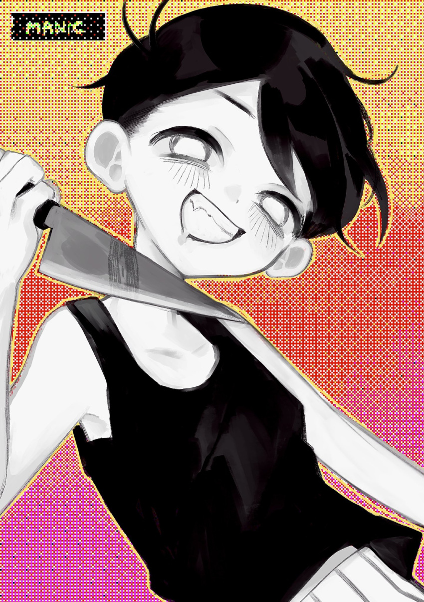 Safebooru - 1boy black hair black tank top blush drooling grin highres holding holding knife ...