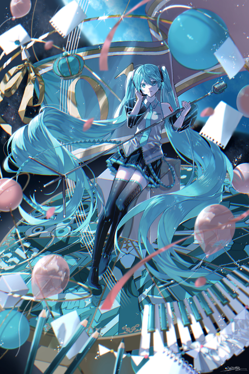 Safebooru - 1girl aqua eyes aqua hair aqua necktie balloon black footwear black skirt black ...