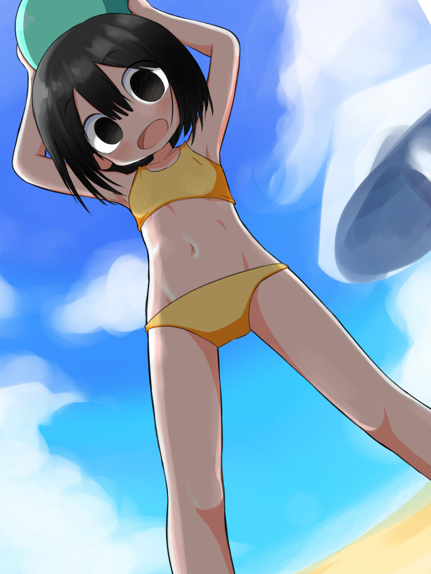 Safebooru - 1girl absurdres arms up backlighting ball beach beach umbrella beachball bikini ...