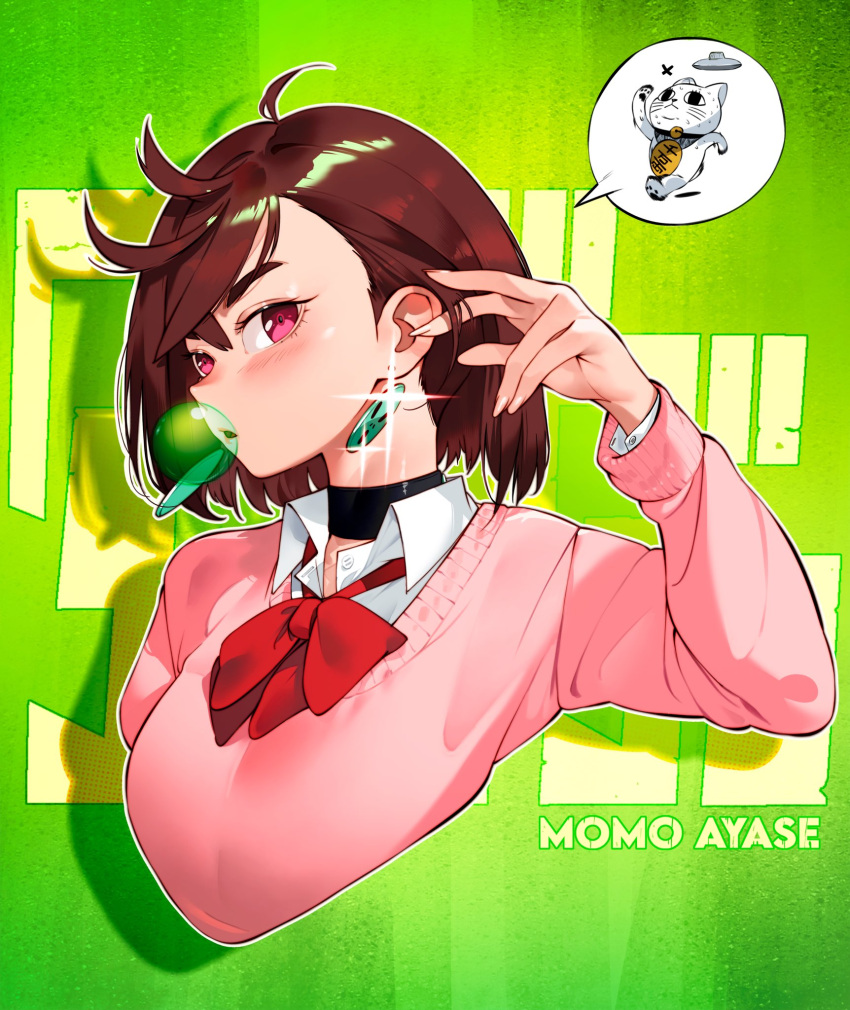 Safebooru - 1girl ayase momo black choker blush bow bowtie breasts brown hair cesar art456 ...