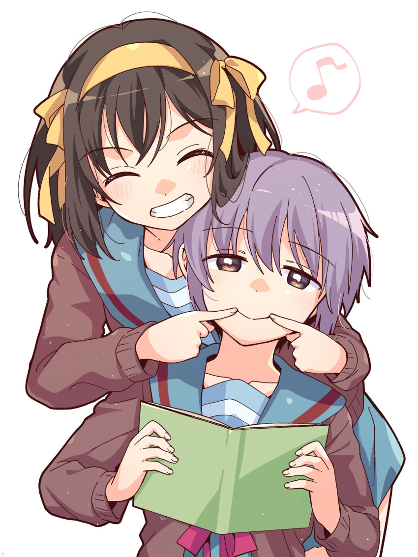 Safebooru - 2girls blue sailor collar blue skirt blush book brown cardigan brown eyes brown hair ...