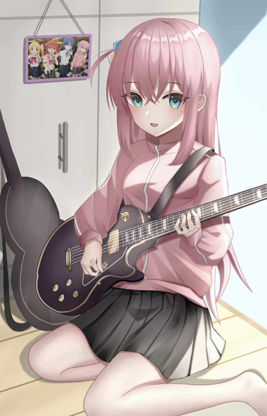 Safebooru - absurdres barefoot blue eyes bocchi the rock! cube hair ornament electric guitar ...
