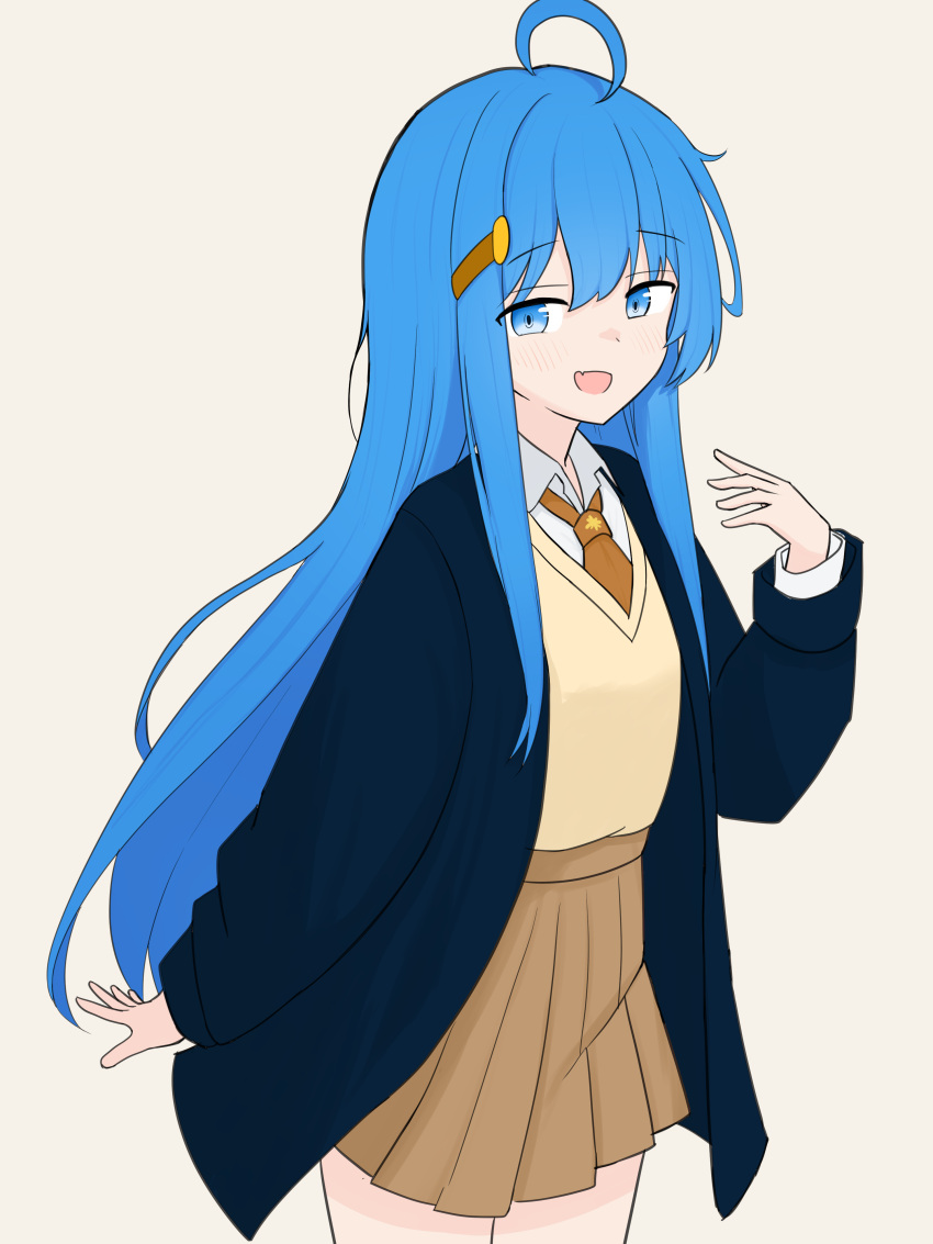 Safebooru - 1girl absurdres ahoge blue eyes blue hair blue jacket blush brown skirt dotory ...