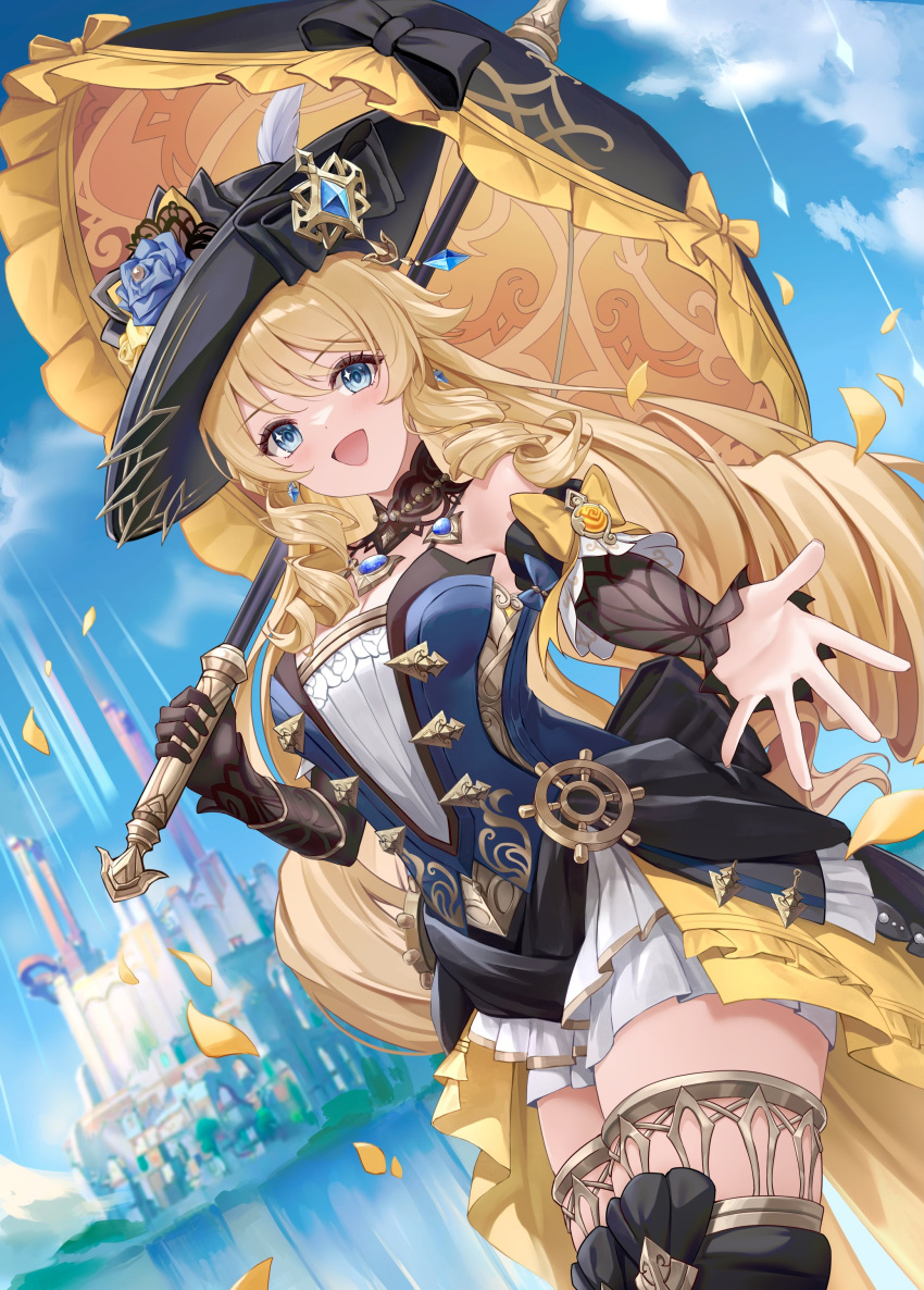 Safebooru - 1girl absurdres black gloves blonde hair blue eyes blue sky boots clouds detached ...