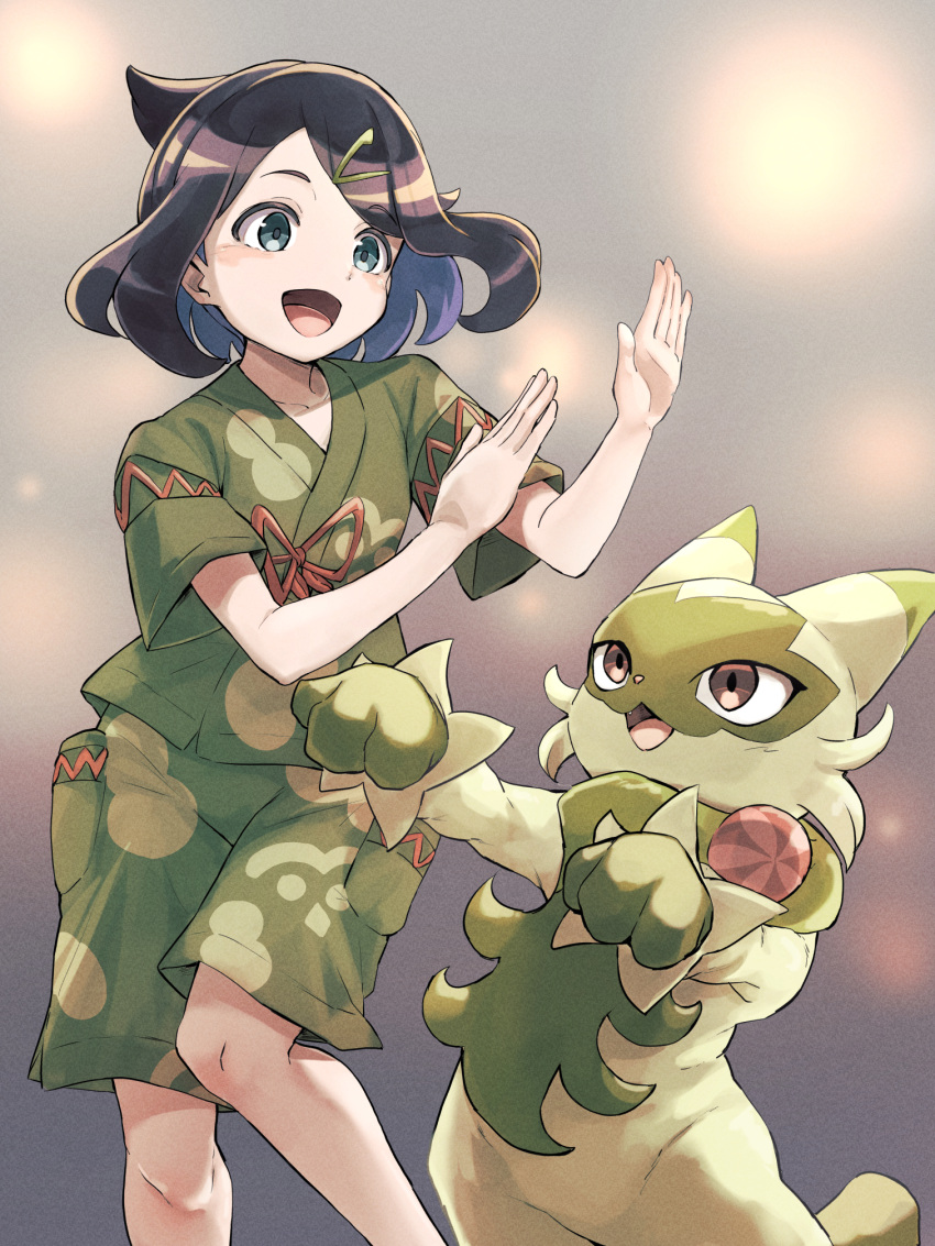 Safebooru - 1girl :d alternate costume black hair blue eyes blue hair floragato green hairclip ...