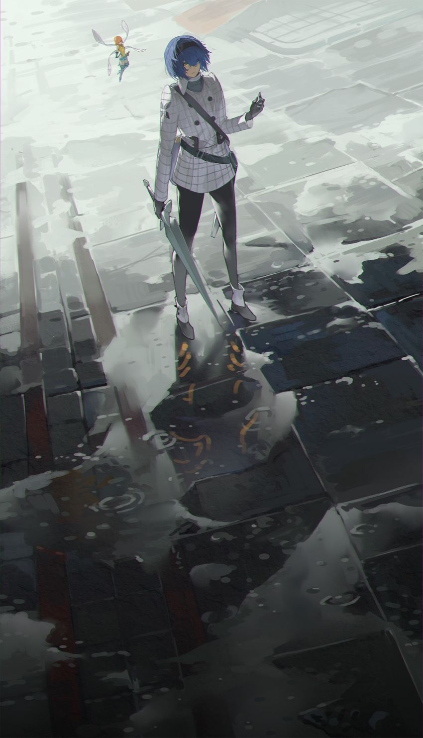 Safebooru - 1boy 1girl black gloves black hairband black pants blue eyes blue hair collared coat ...