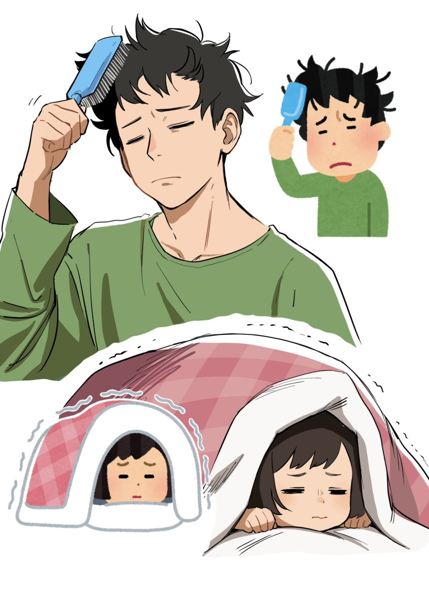 Safebooru - 1boy 1girl black hair brown hair brushing hair closed eyes ...
