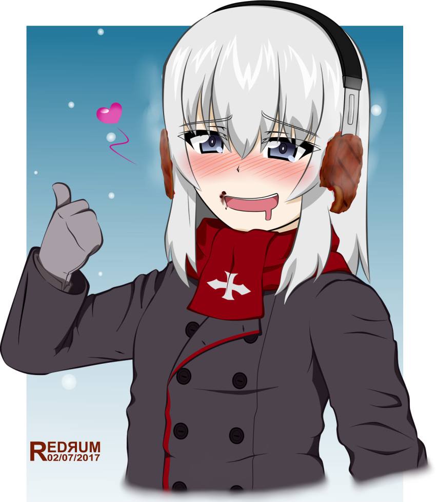 Safebooru - 1girl black jacket blue eyes blush cross drooling earmuffs girls und panzer grey ...