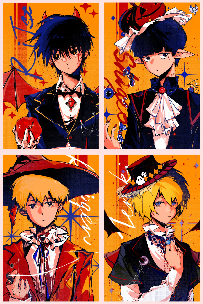 Safebooru - 4boys absurdres apple ascot beads black eyes black hair black hat black jacket black ...