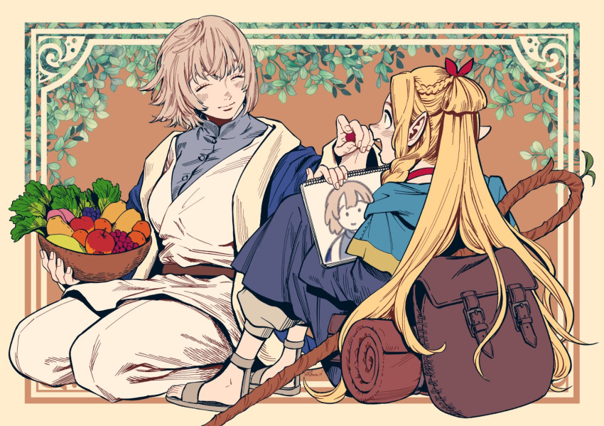 Safebooru - 2girls :d ^ ^ ambrosia (dungeon meshi) apple backpack bag baggy pants basket blonde ...