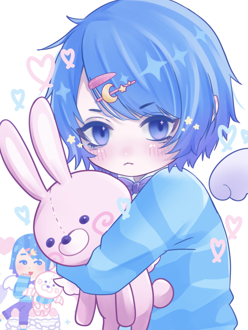 Safebooru - 1boy absurdres blue eyes blue hair blue shirt blush bow ...