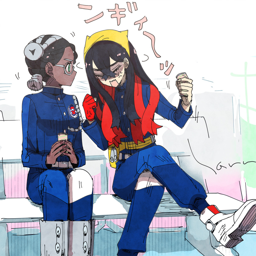 Safebooru - 2girls amarys (pokemon) anger vein bench black hair blue jacket blue pants blueberry ...
