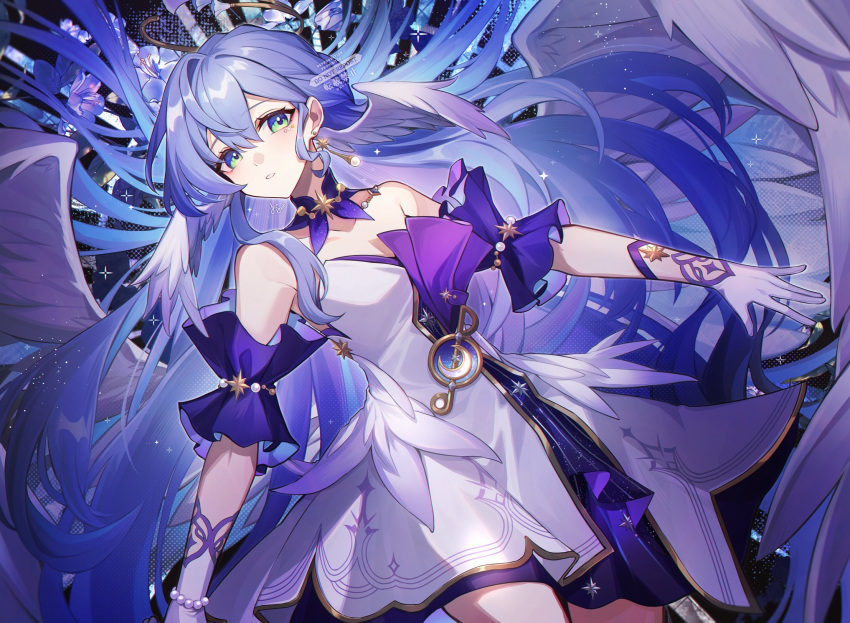 Safebooru - 1girl aononchi aqua eyes asymmetrical gloves bare shoulders blue hair bracelet ...