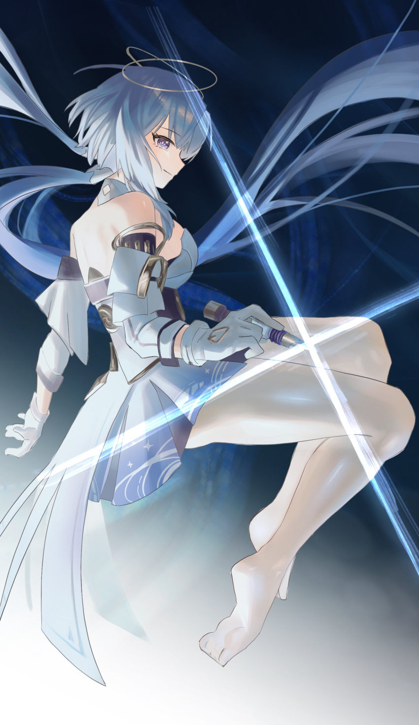 Safebooru - 1girl absurdres bare shoulders barefoot blue hair breasts commentary request ...