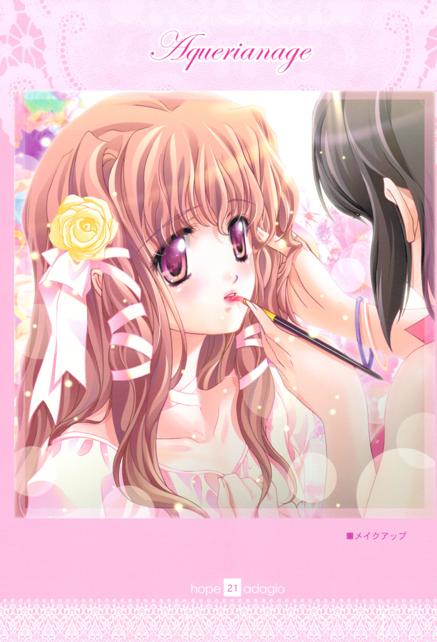 Safebooru - black hair blush bracelet brown hair close-up collarbone dress flower genshou koubou ...