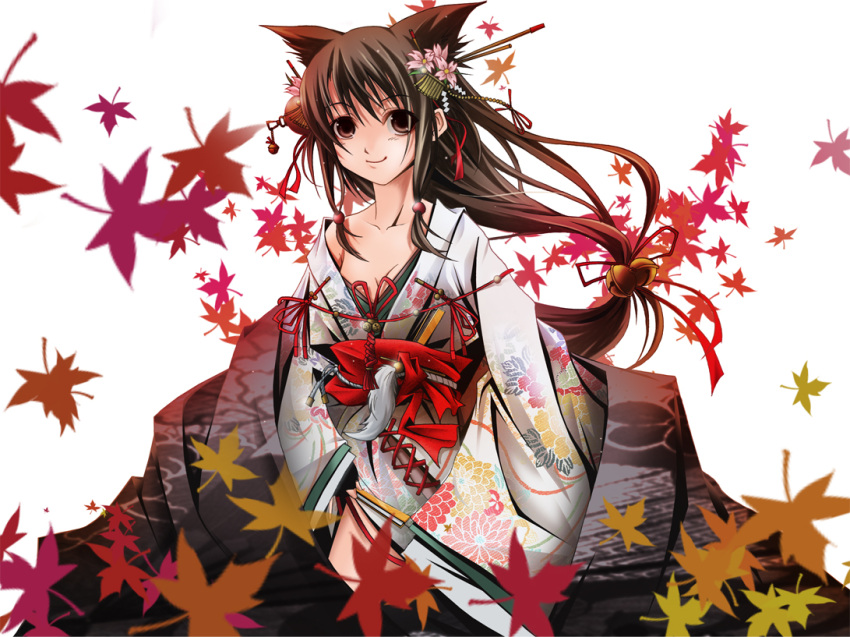 Safebooru - animal ears autumn autumn leaves brown eyes brown hair cat ears japanese clothes ...