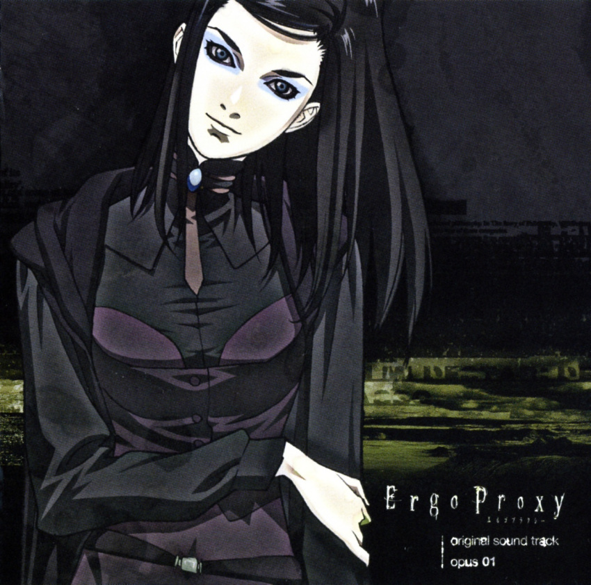 Safebooru - 1girl album cover black hair blue eyes cover ergo proxy eyeshadow highres long coat ...