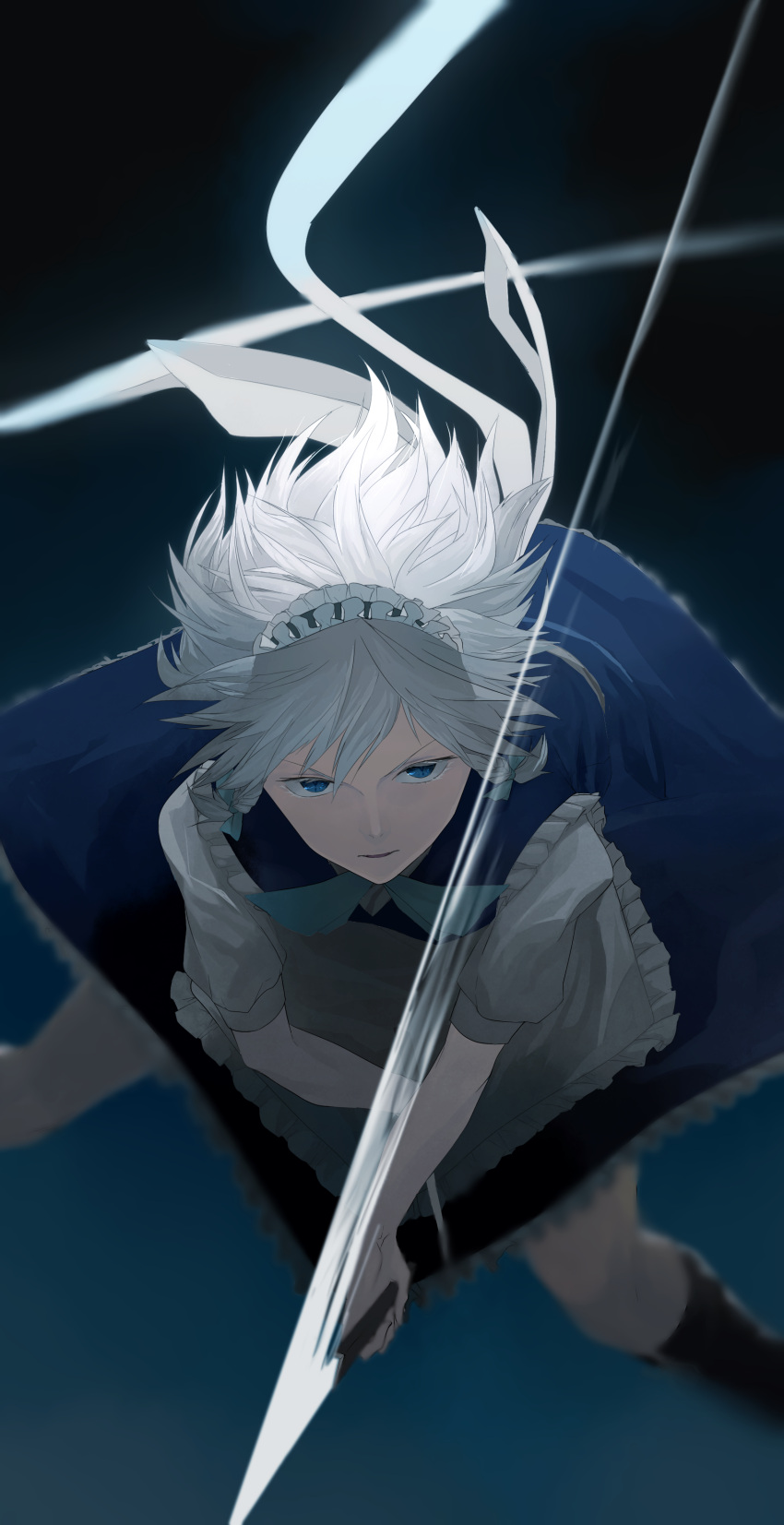 Safebooru - 1girl absurdres apron attack blue dress blue eyes blurry ...