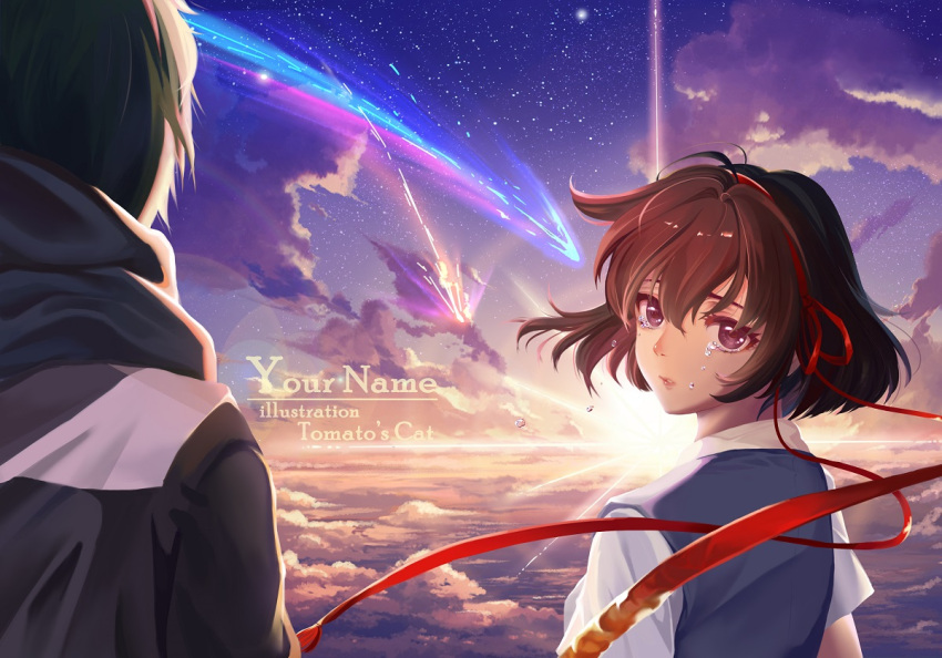 Safebooru - 1boy 1girl artist name brown eyes brown hair clouds cloudy ...