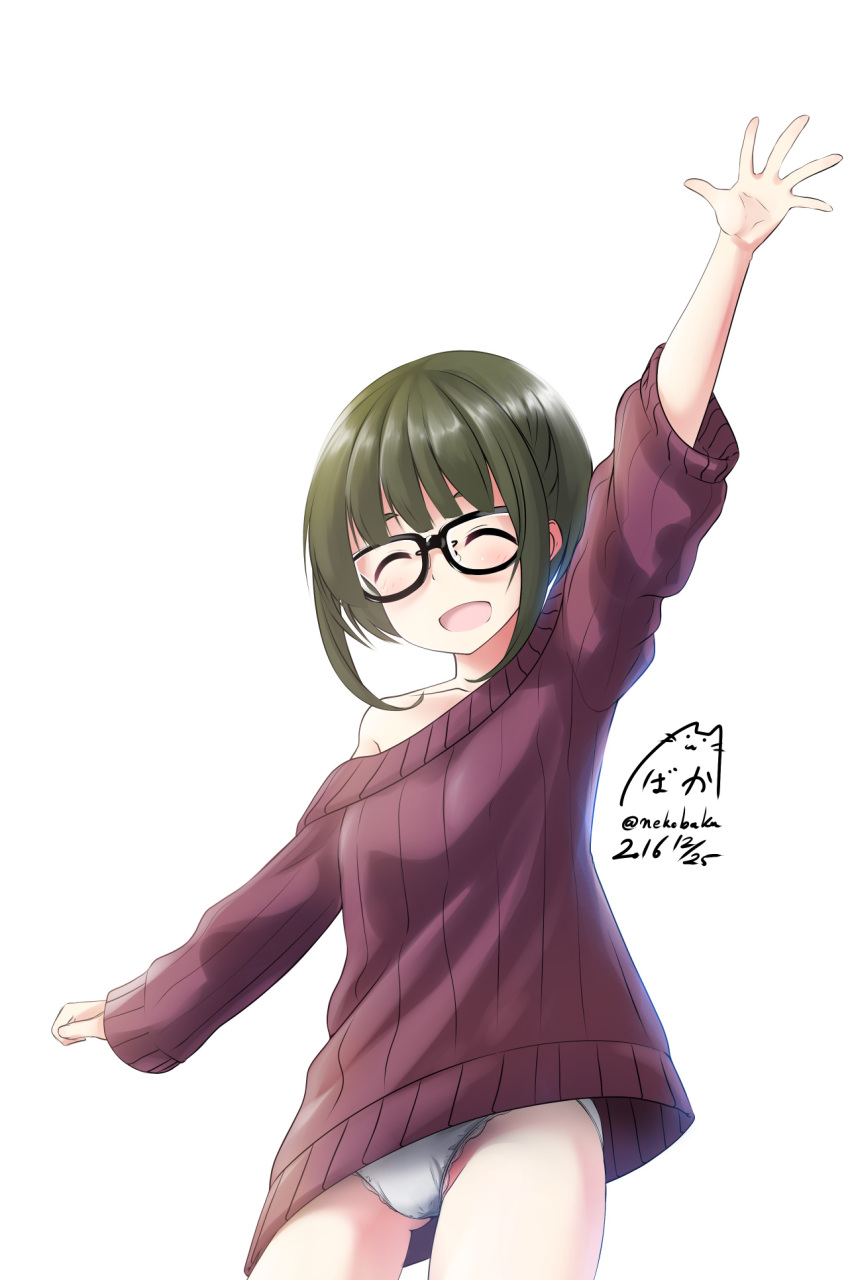 Safebooru - 1girl ^ ^ arm up artist name bangs black-framed eyewear blunt bangs blush closed ...