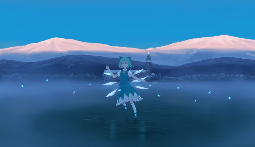 Safebooru - blue hair bow cirno clock clock tower closed eyes ...