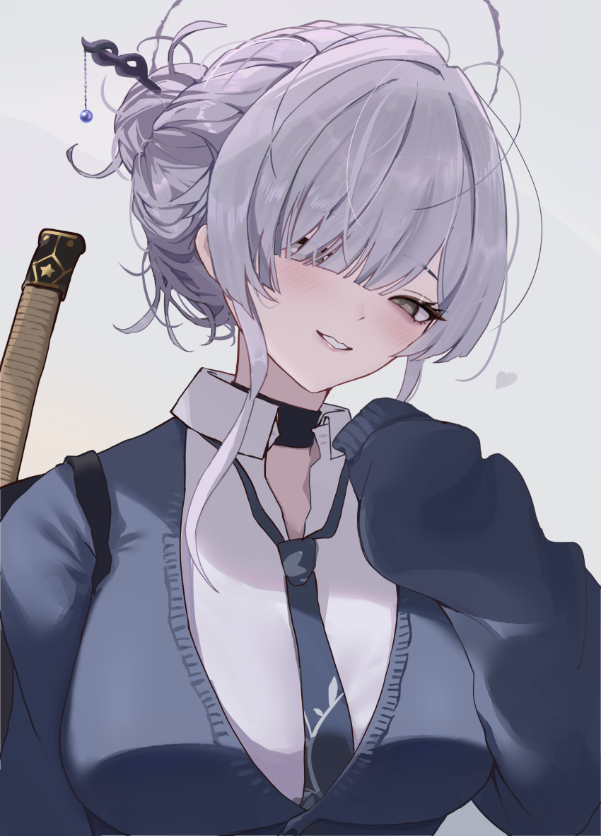 Safebooru - 1girl absurdres blue jacket blue necktie breasts commentary request grey background ...