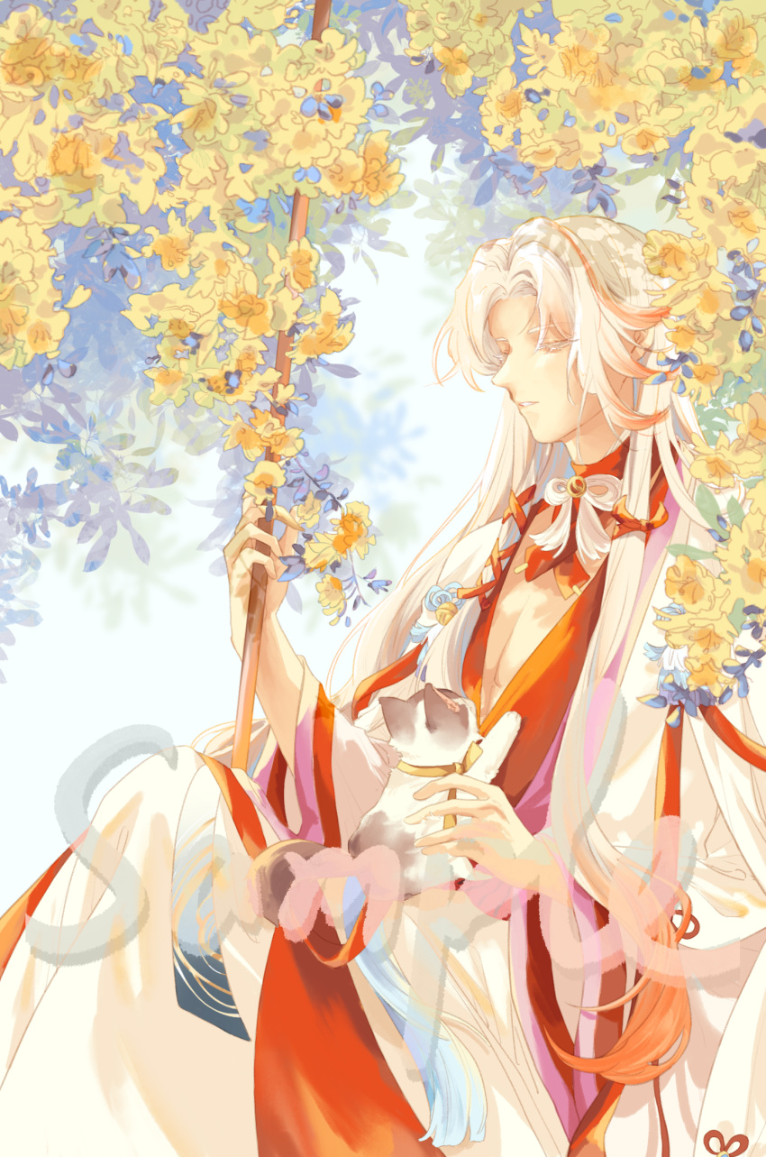 Safebooru - 1boy animal on lap bell cat chinese clothes choker closed ...