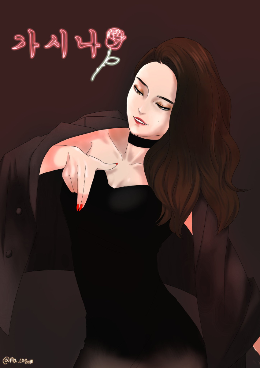 Safebooru - 1girl black choker black dress brown hair choker commentary request cowboy shot ...