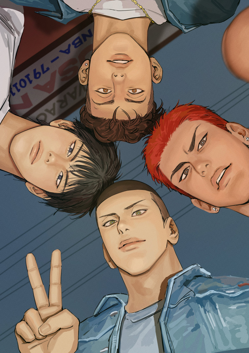 Safebooru - 4boys absurdres black hair blue jacket brown eyes brown hair caravaggist collared ...