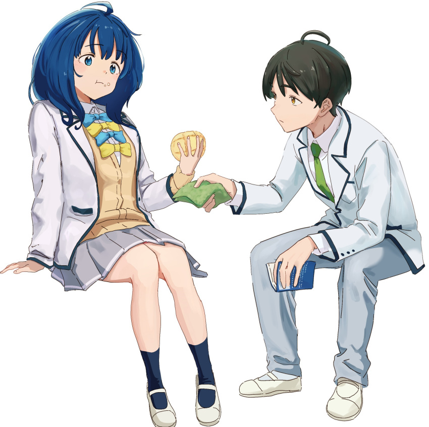 Safebooru - 1boy 1girl 200-ko no chikara absurdres ahoge black hair blazer blue bow blue bowtie ...