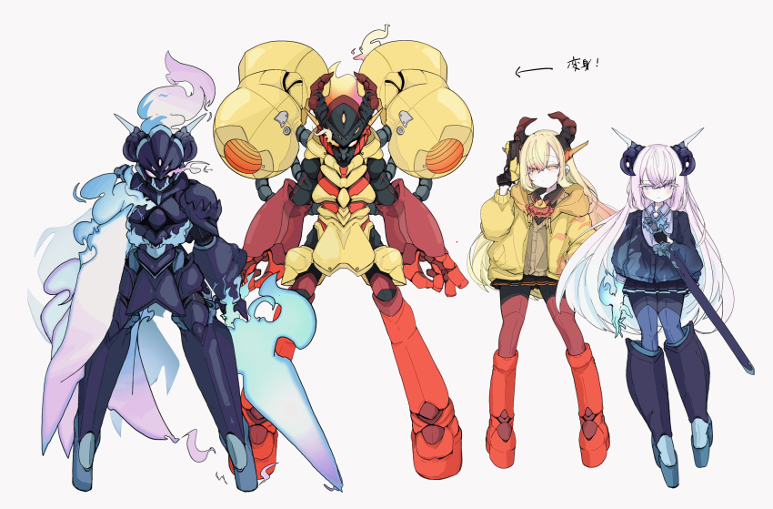 Safebooru - 2girls absurdres arm blade armarouge black footwear blonde hair blue fire blue hair ...