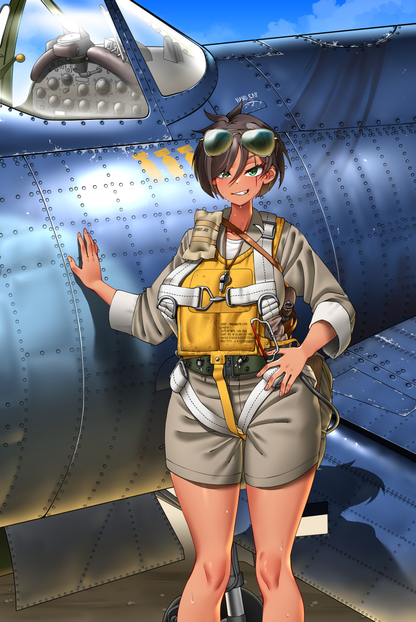 Safebooru - 1girl absurdres aircraft airplane aviator sunglasses brown hair f4u corsair fighter ...