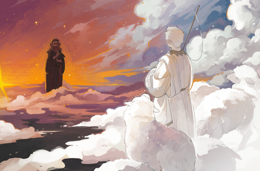 Safebooru - 2boys angel aziraphale (good omens) black robe clouds ...