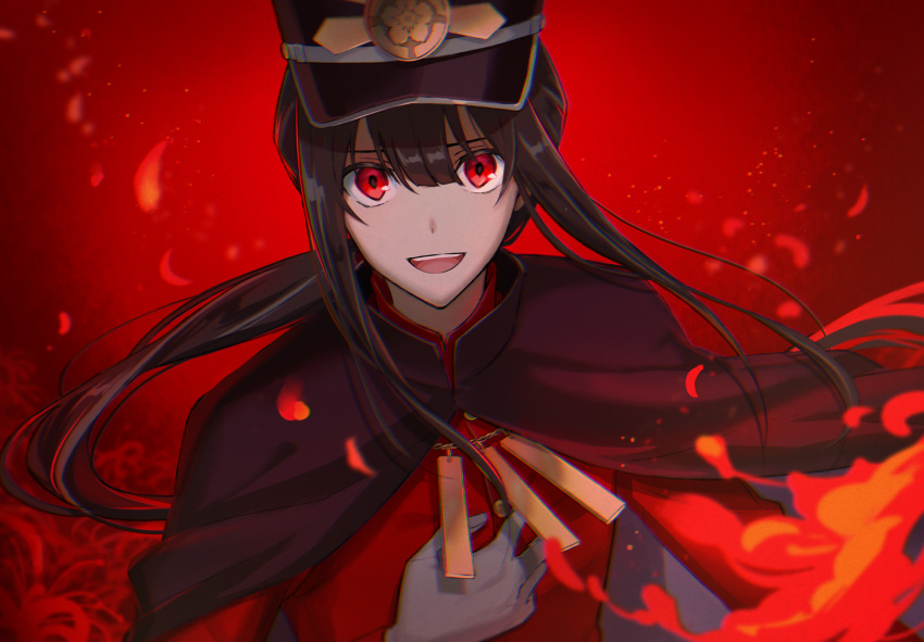 Safebooru - 1boy :d black cape black hair black hat blunt bangs blurry ...