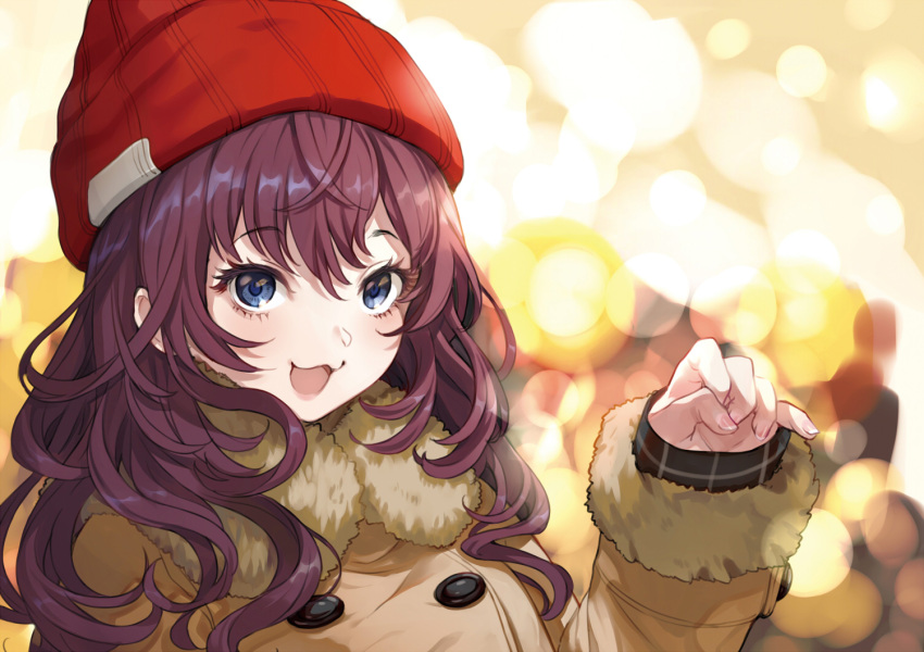 Safebooru - 1girl :3 :d beanie blue eyes blush brown hair coat fur trim ...