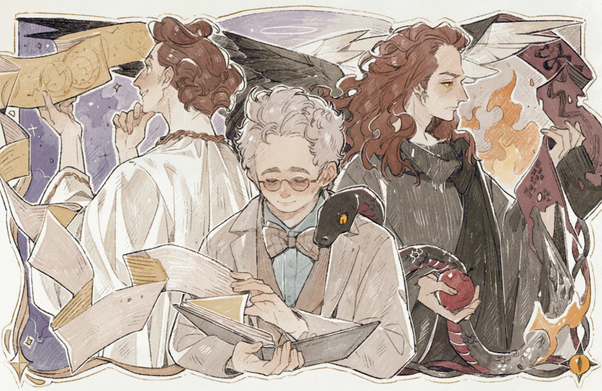 Safebooru - 3boys angel angel wings aziraphale (good omens) black robe ...