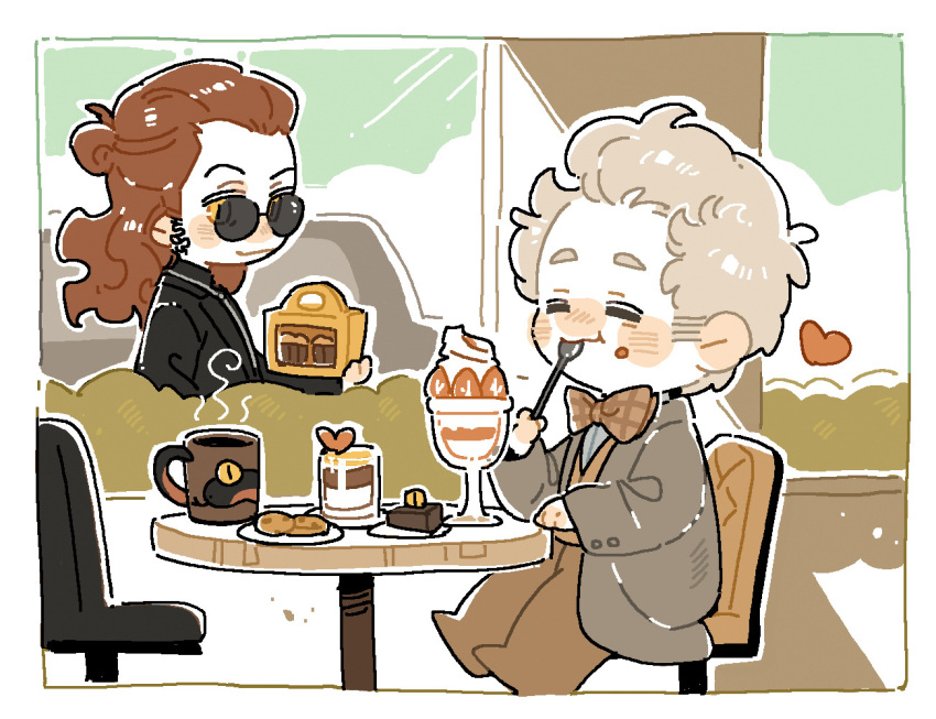 Safebooru - 2boys angel aziraphale (good omens) blue eyes cake crowley ...