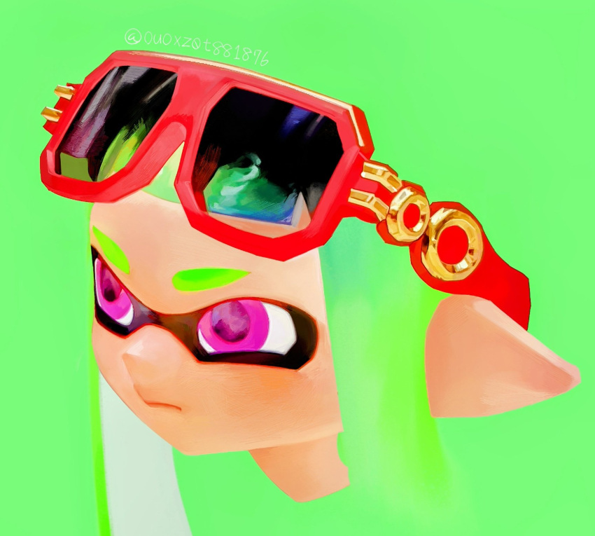 Safebooru - 1girl blending closed mouth eyewear on head green hair ...