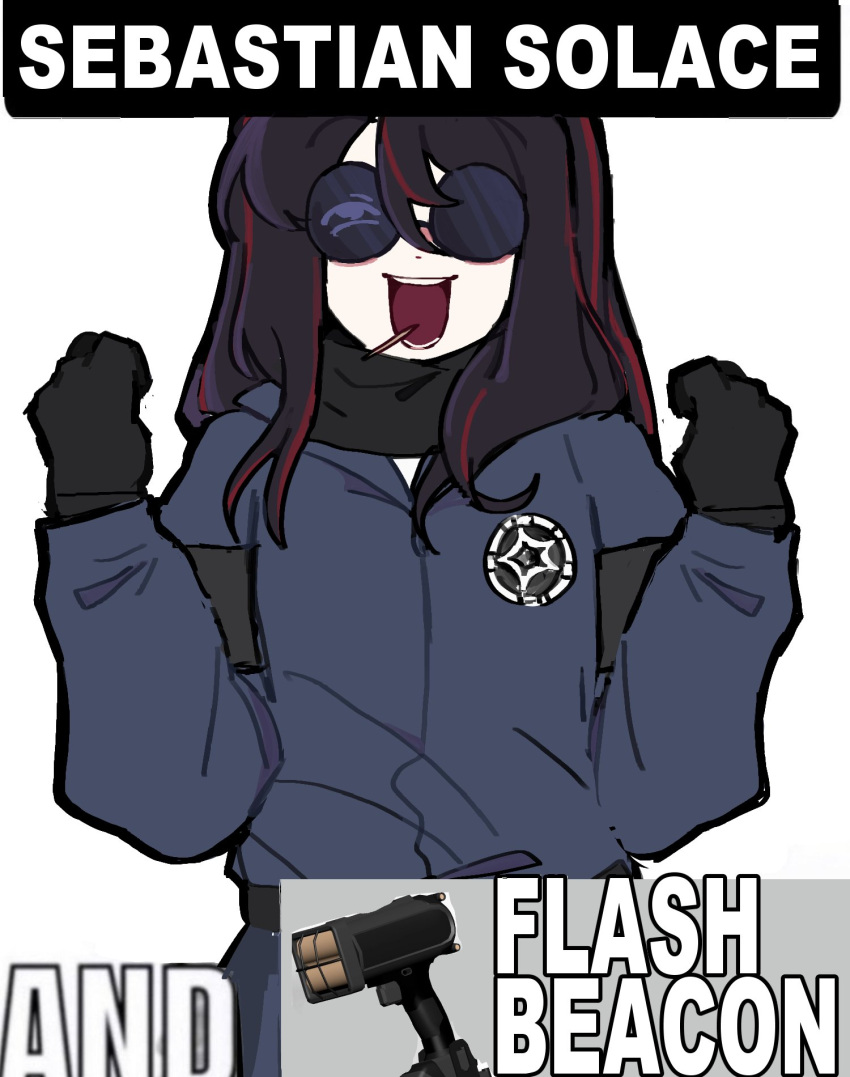 Safebooru - 1girl badge black gloves black hair black scarf blue jacket ...