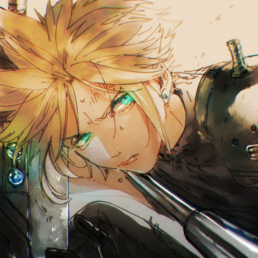 Safebooru - 1boy aqua eyes armor baton (weapon) blonde hair buster sword cloud strife earrings ...