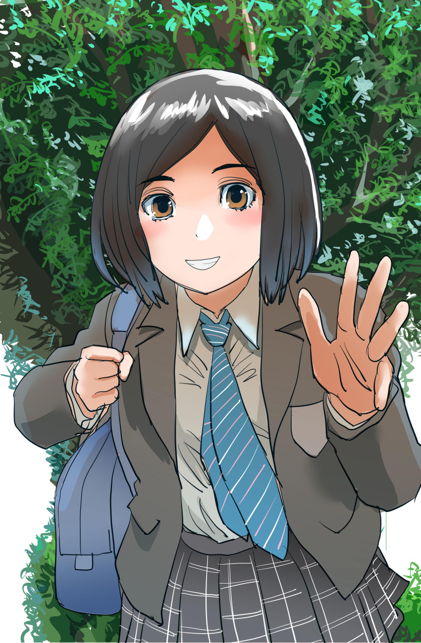 Safebooru - 1girl absurdres bag black hair blue bag blue necktie bob cut brown eyes bush grey ...