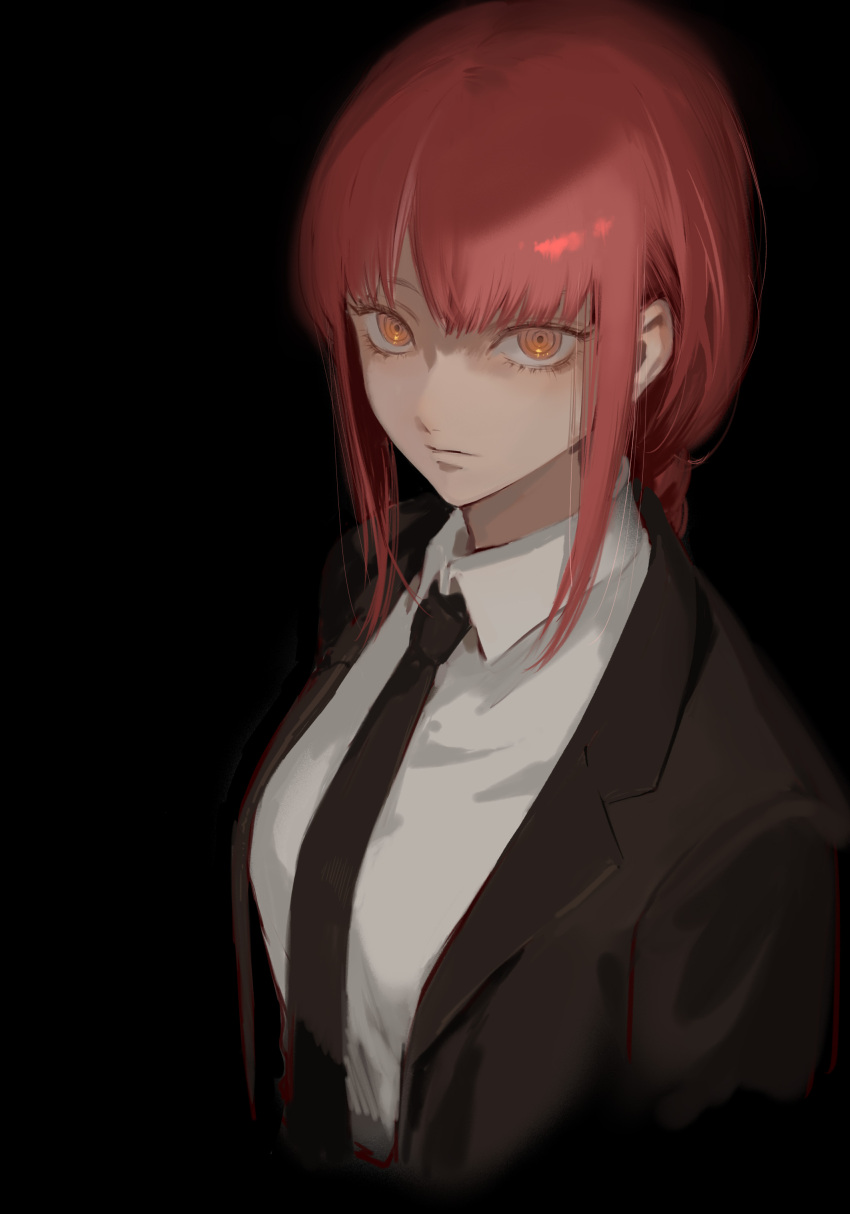 Safebooru - 1girl absurdres black background black coat black necktie chainsaw man closed mouth ...