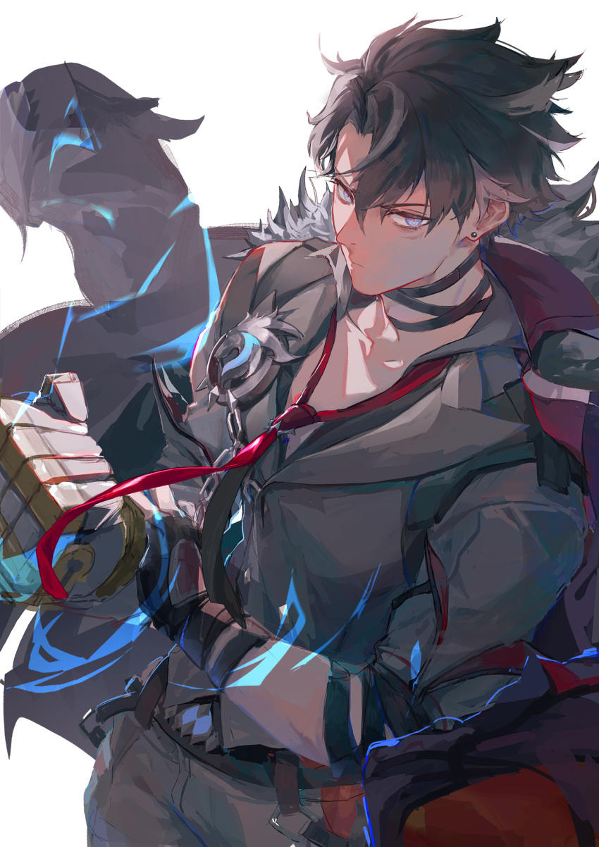 Safebooru - 1boy bandaged arm bandaged neck bandages black bandages black gloves black hair blue ...