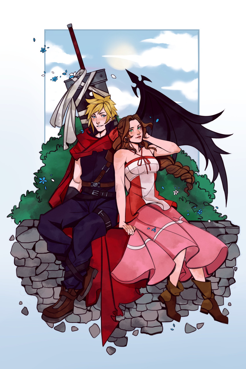 Safebooru - 1boy 1girl absurdres aerith gainsborough bandages bare arms bare shoulders belt ...
