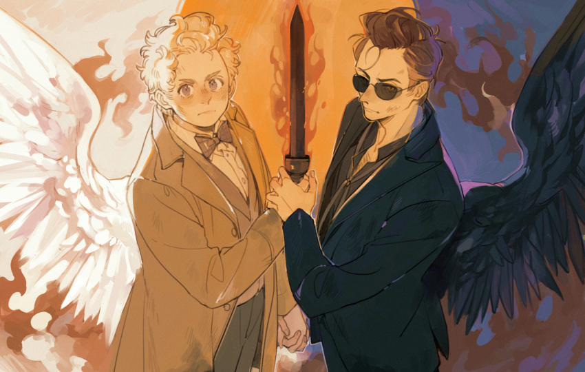 Safebooru - 2boys angel aziraphale (good omens) blue eyes crowley (good ...