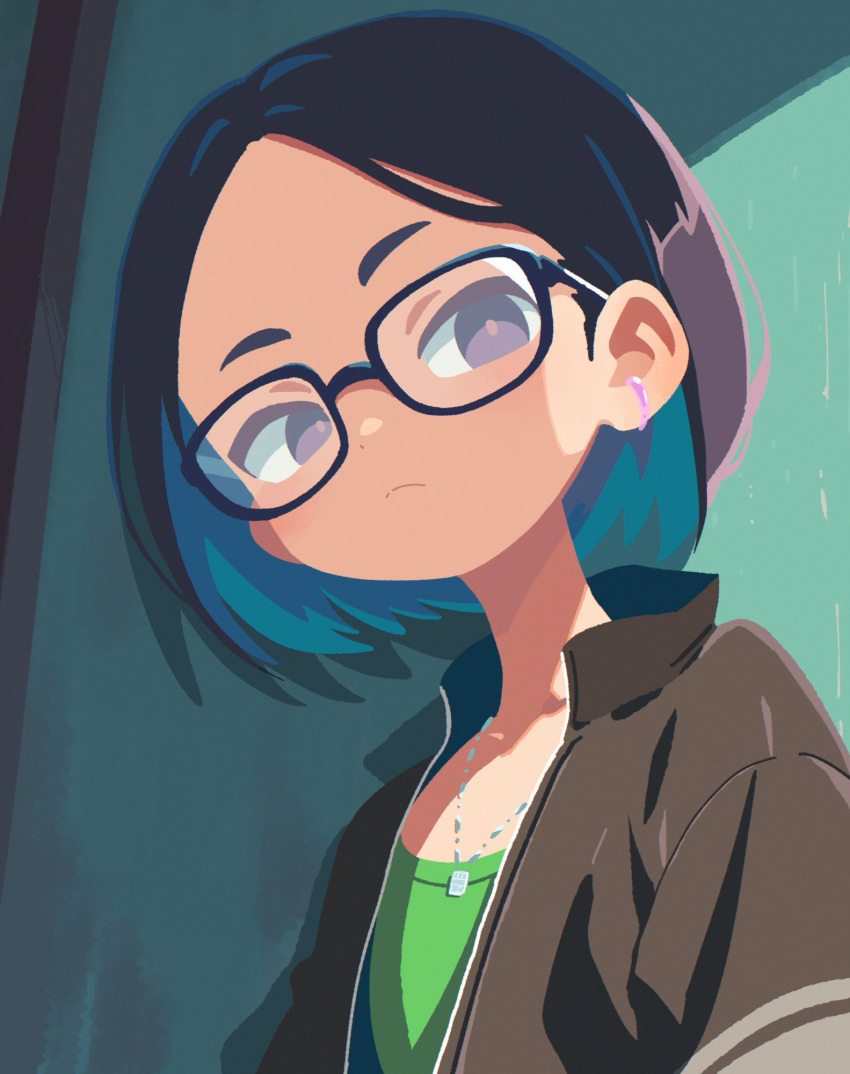 Safebooru - 1girl black-framed eyewear black hair blue eyes blue hair closed mouth earrings ...